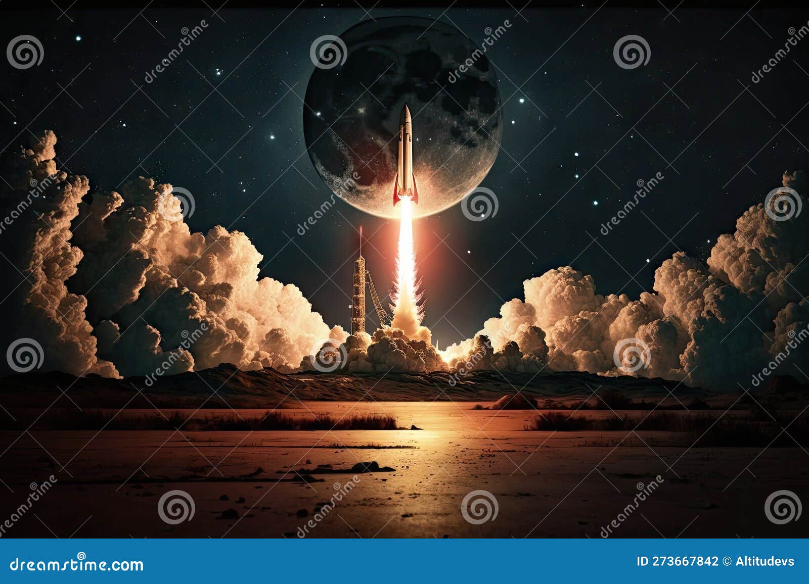 Rocket Launch, with View of the Moon Hanging in the Night Sky Stock ...