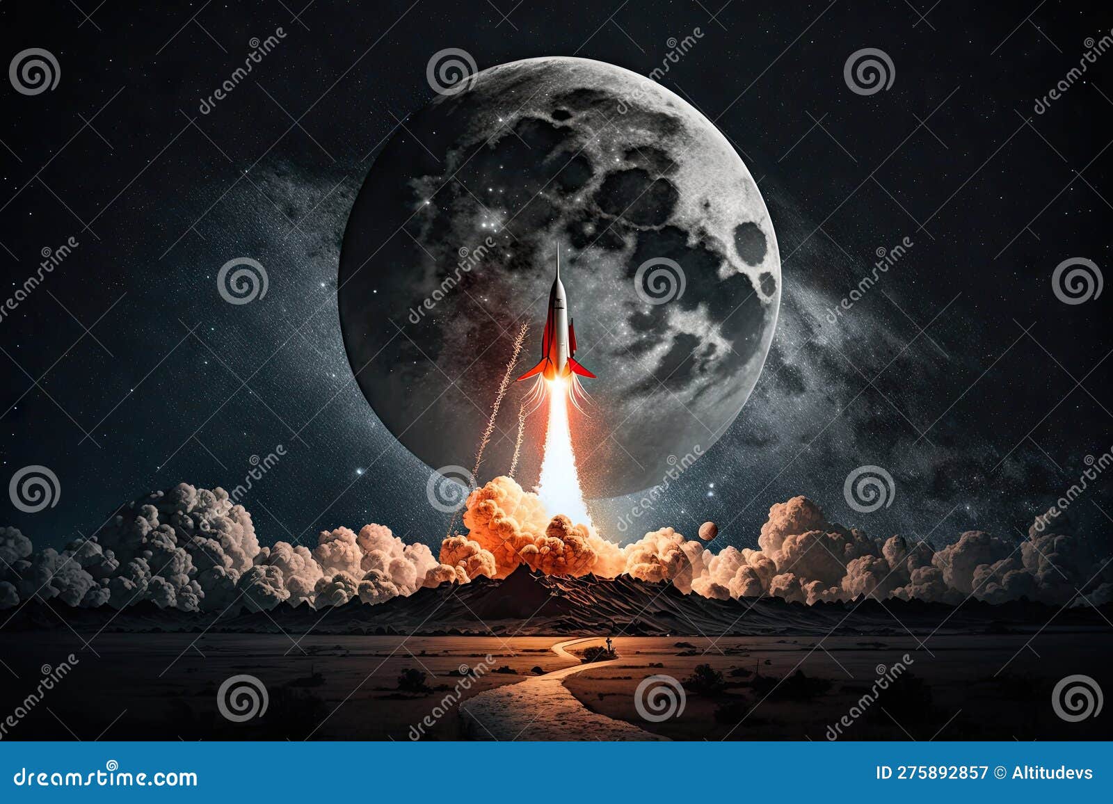 Rocket Launch with View of the Moon in the Night Sky Stock Image ...