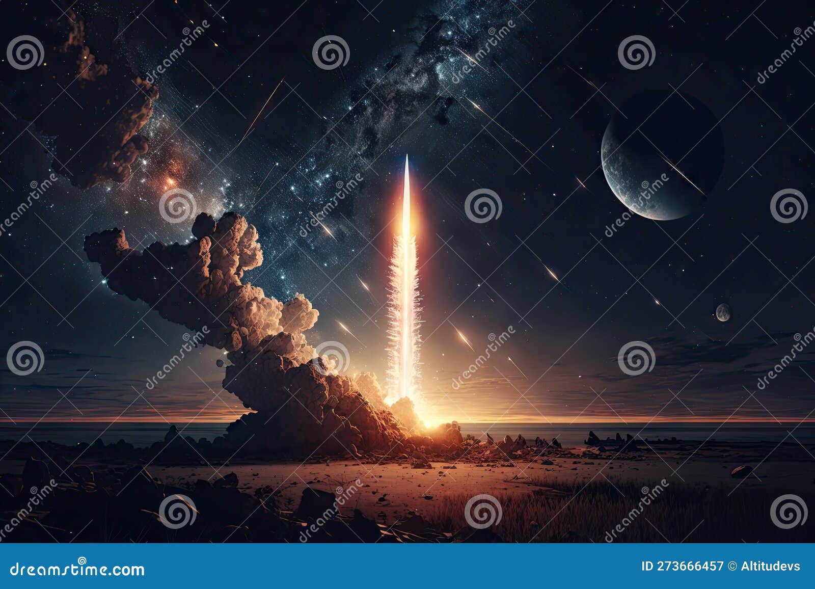 Rocket Launch, with View of the Night Sky and Stars Shining Stock ...