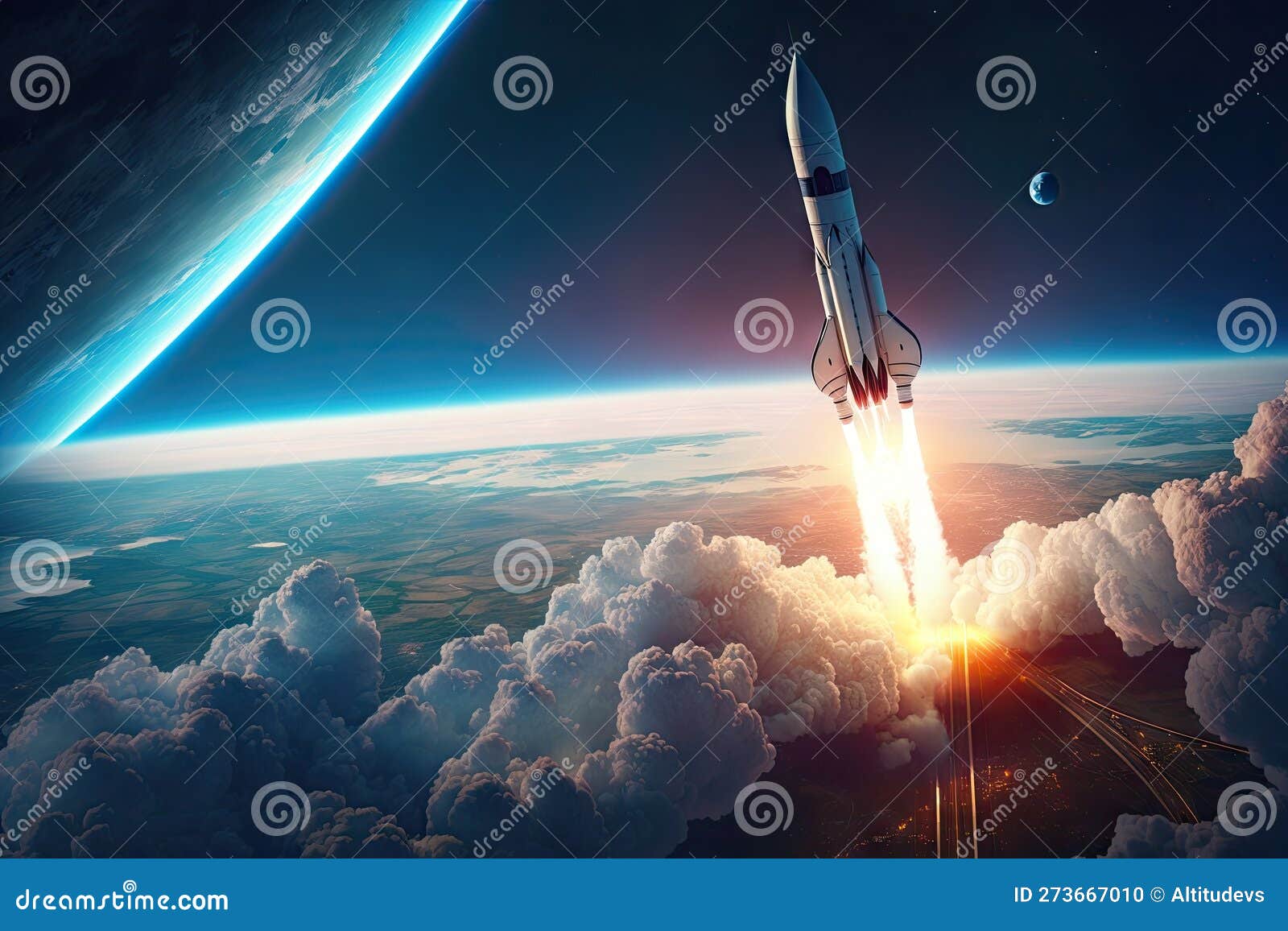 Rocket Launch, with View of the Planet Earth and Its Atmosphere in the ...