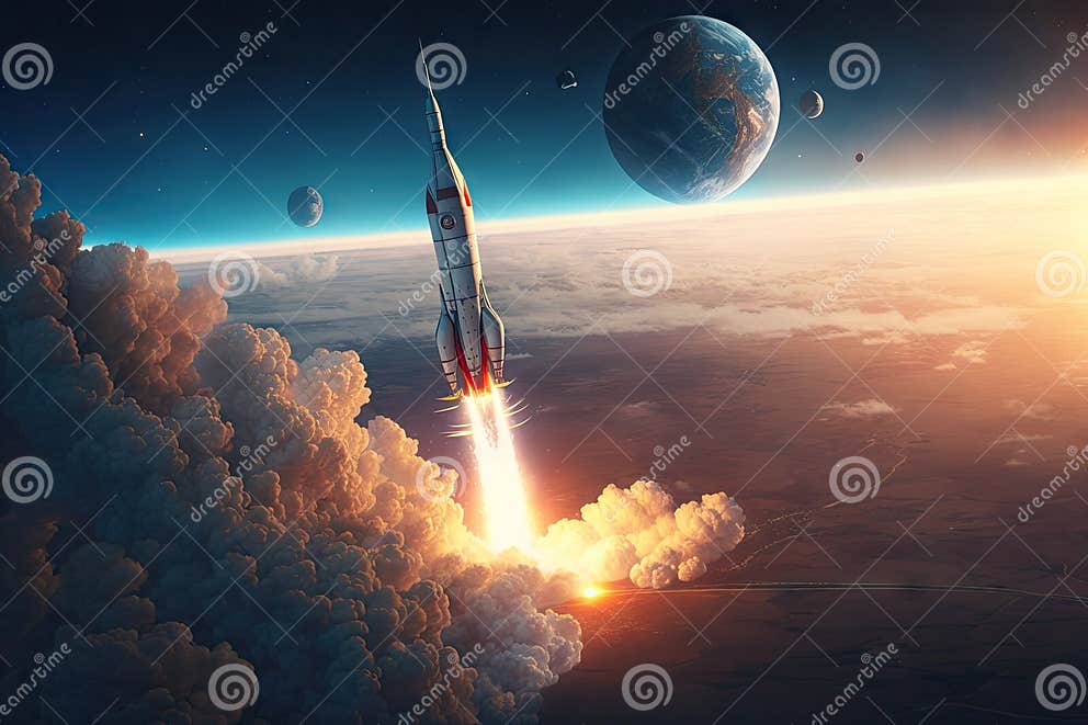 Rocket Launch, with View of the Planet Earth and Its Atmosphere in the ...