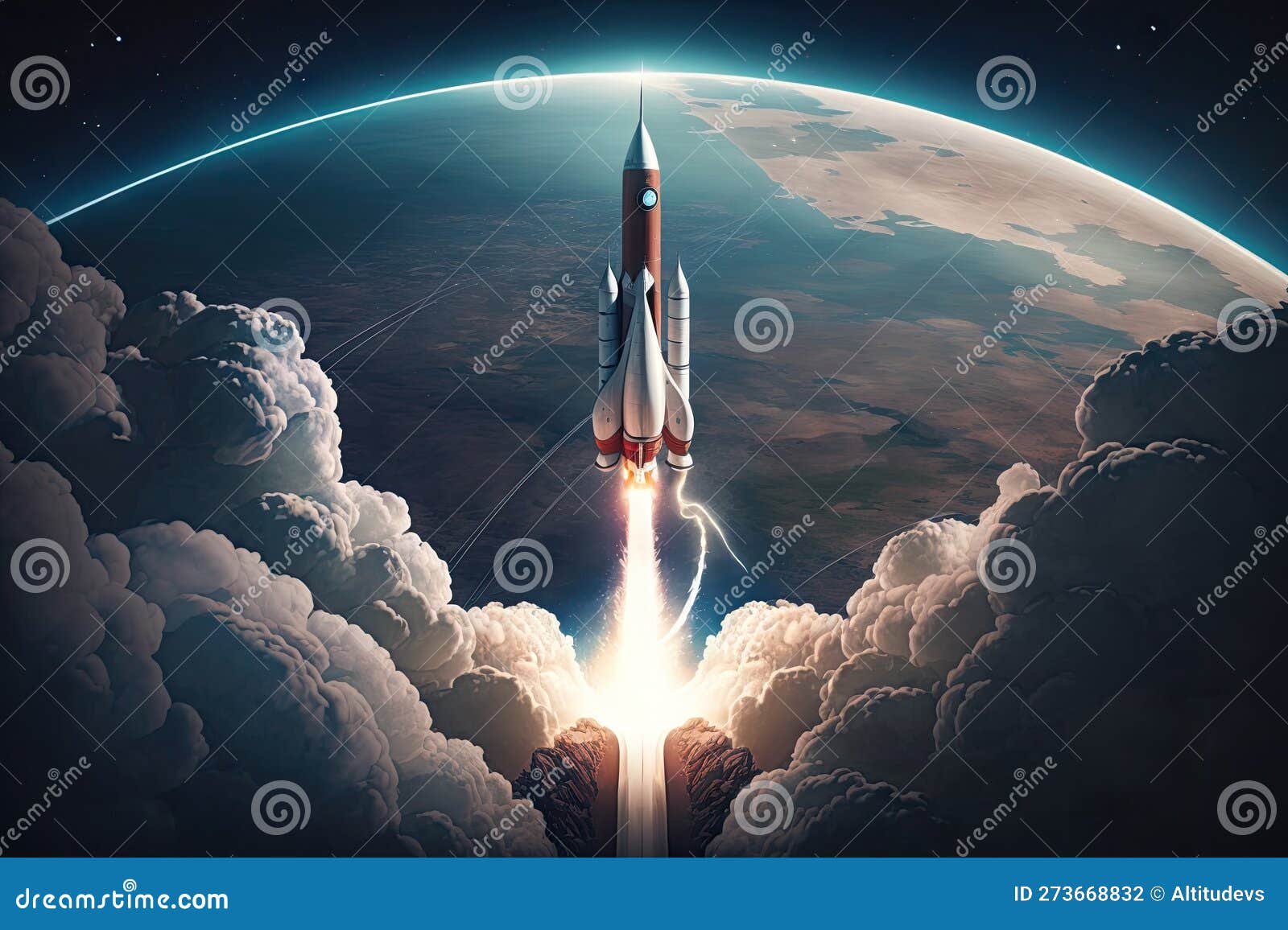 Rocket Launch, with View of Planet Earth and the Sky Above Stock ...