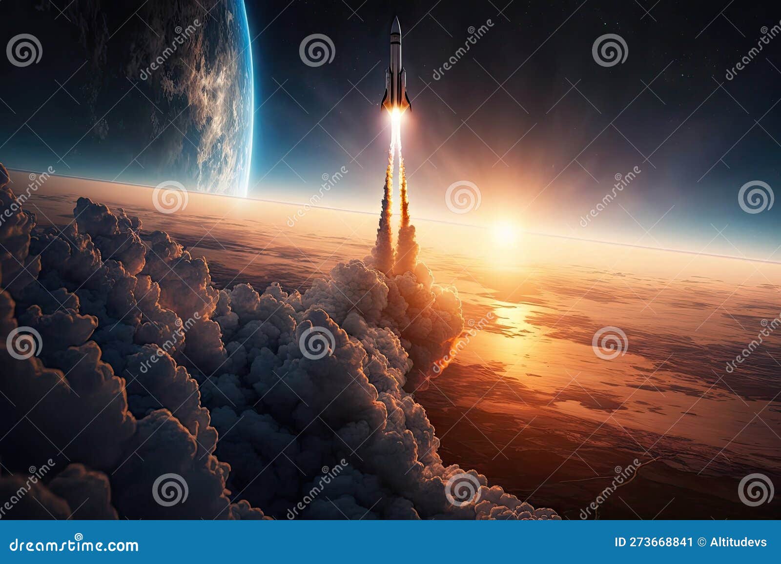 Rocket Launch, with View of Planet Earth and the Sky Above Stock ...
