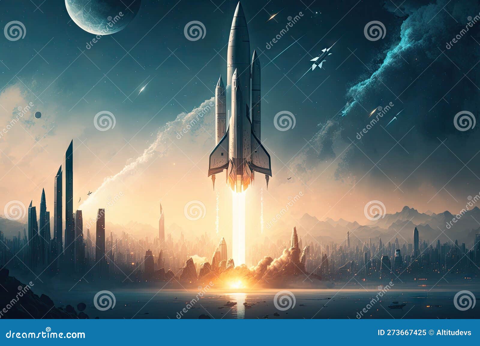 Rocket Launch, with View of the Rocket Rising Above a City Skyline ...