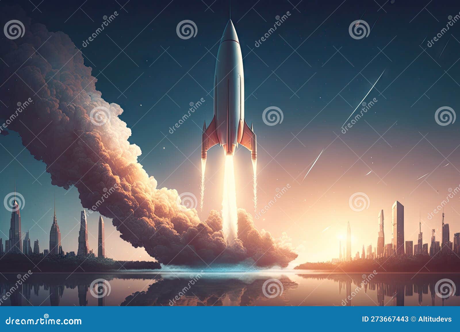 Rocket Launch, with View of the Rocket Rising Above a City Skyline ...