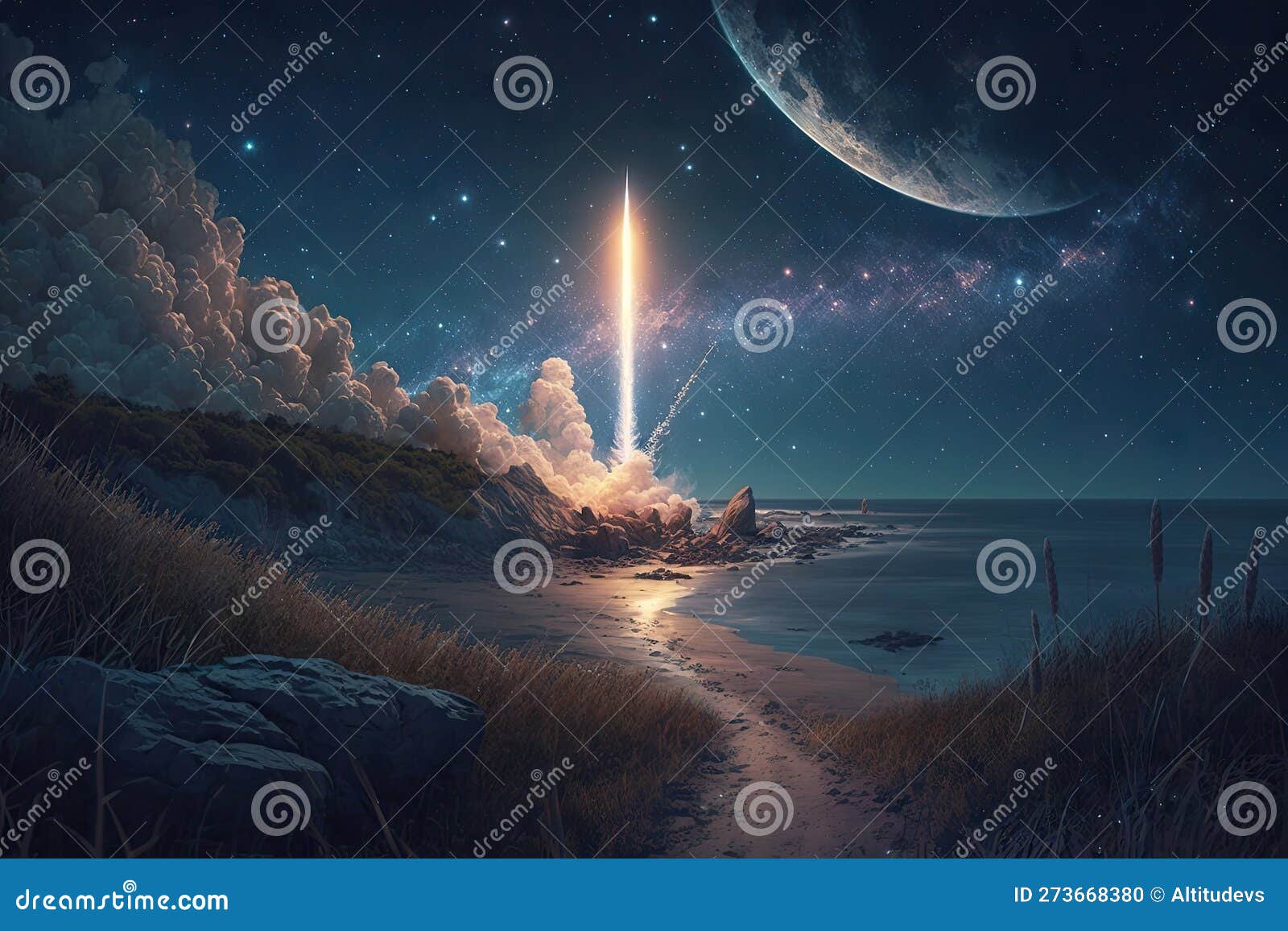 Rocket Launch, with the View of the Starry Night Sky Visible Above ...