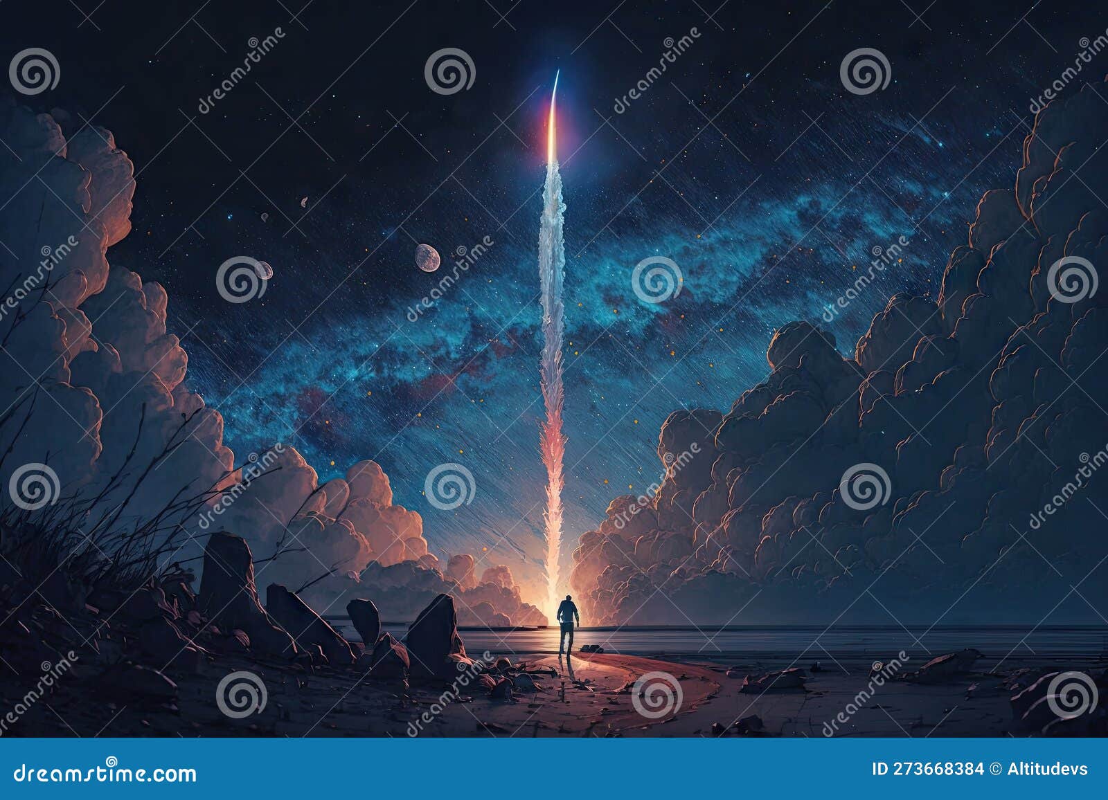 Rocket Launch, with the View of the Starry Night Sky Visible Above ...