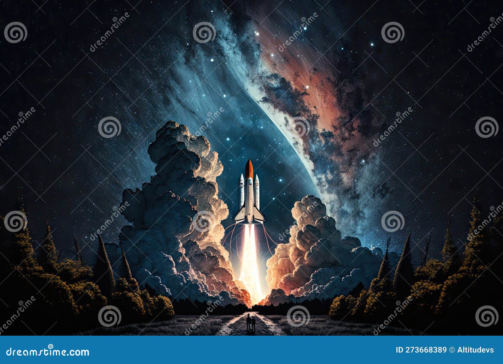 Rocket Launch, with the View of the Starry Night Sky Visible Above ...