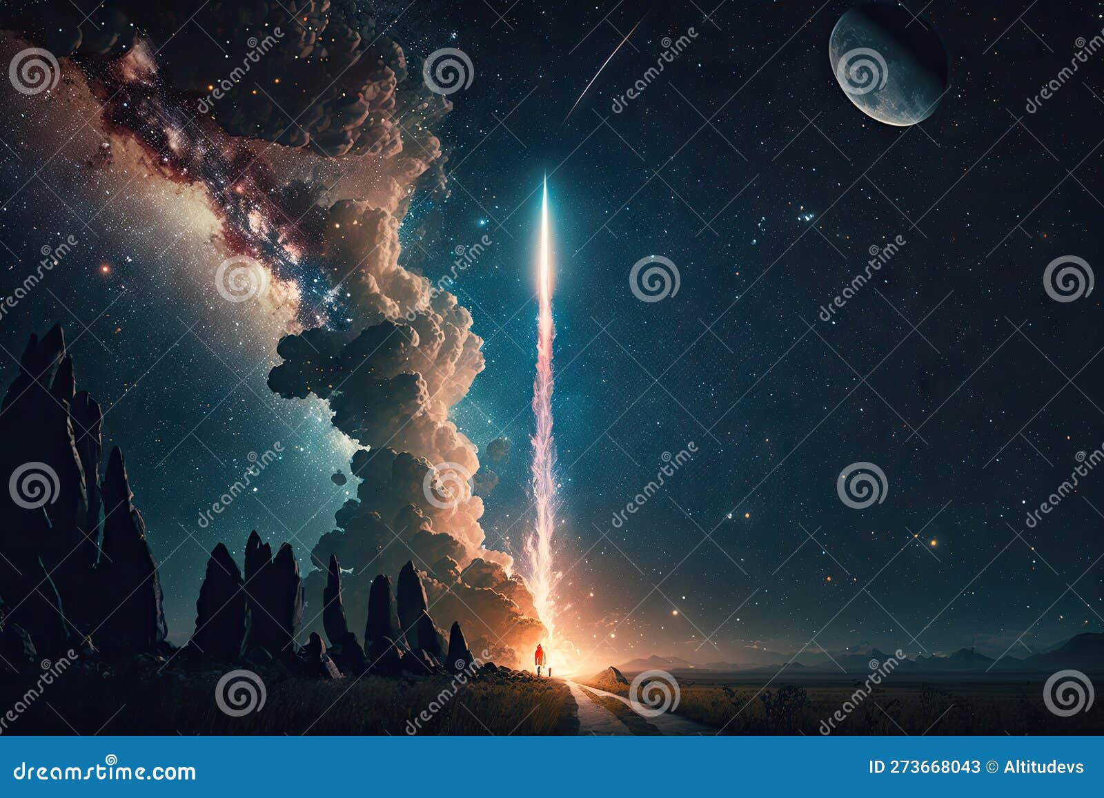 Rocket Launch, with View of the Stars and Distant Planets Visible in ...