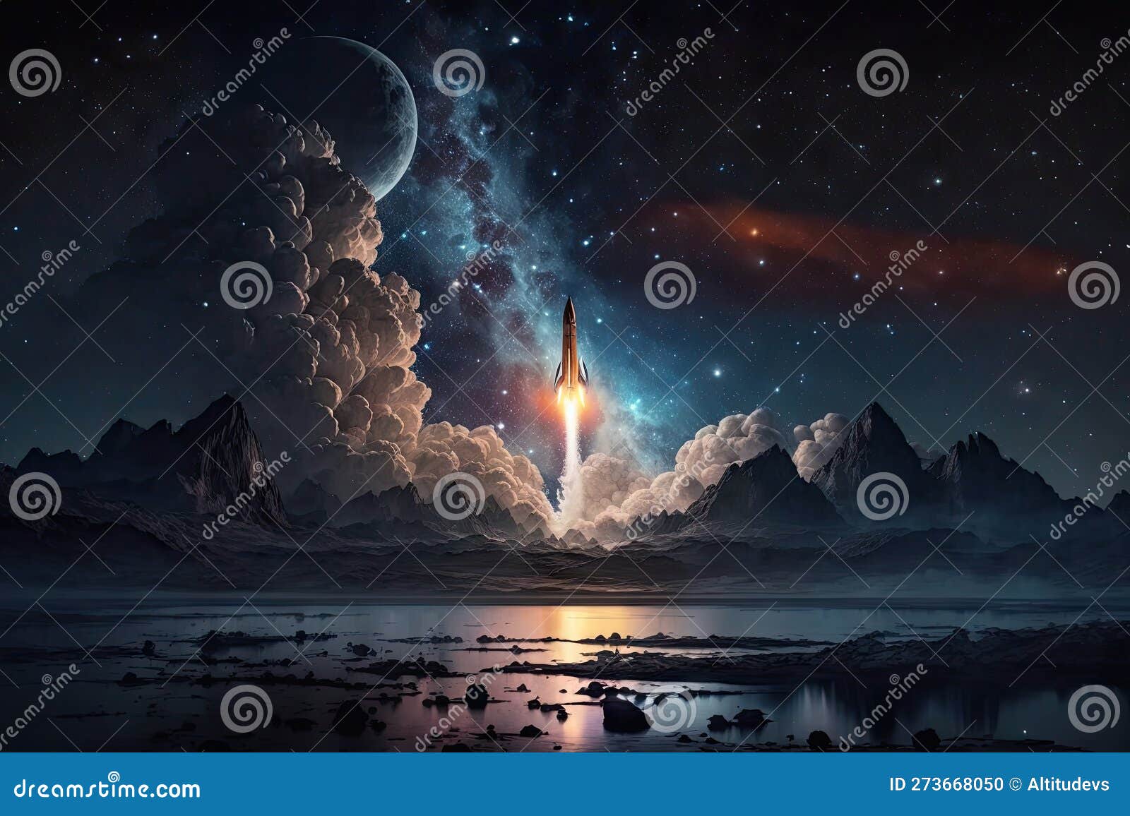 Rocket Launch, with View of the Stars and Distant Planets Visible in ...