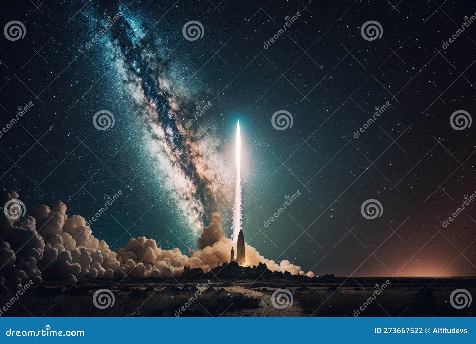 Rocket Launch, with View of the Stars and Galaxies in the Night Sky ...