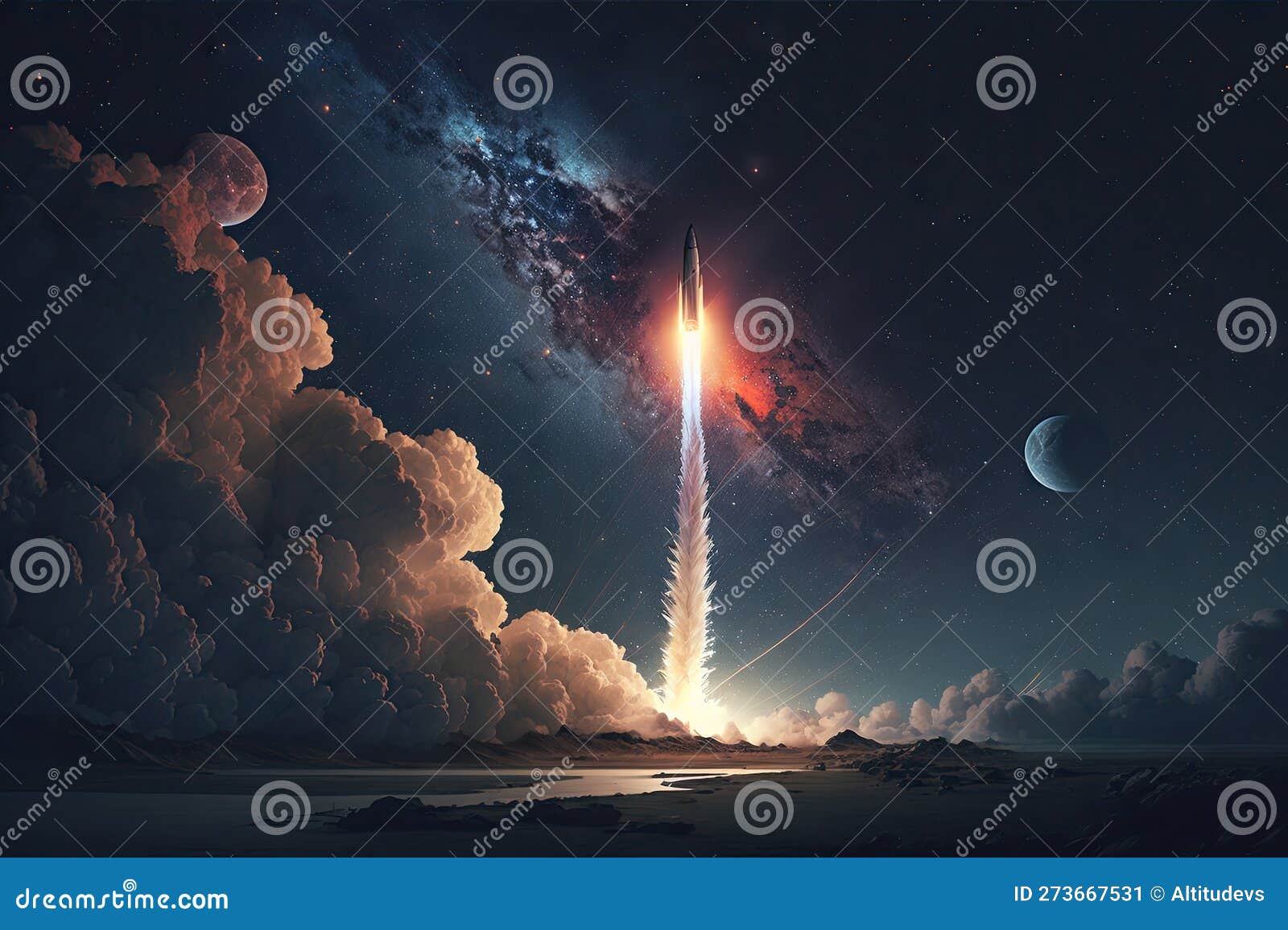 Rocket Launch, with View of the Stars and Galaxies in the Night Sky ...