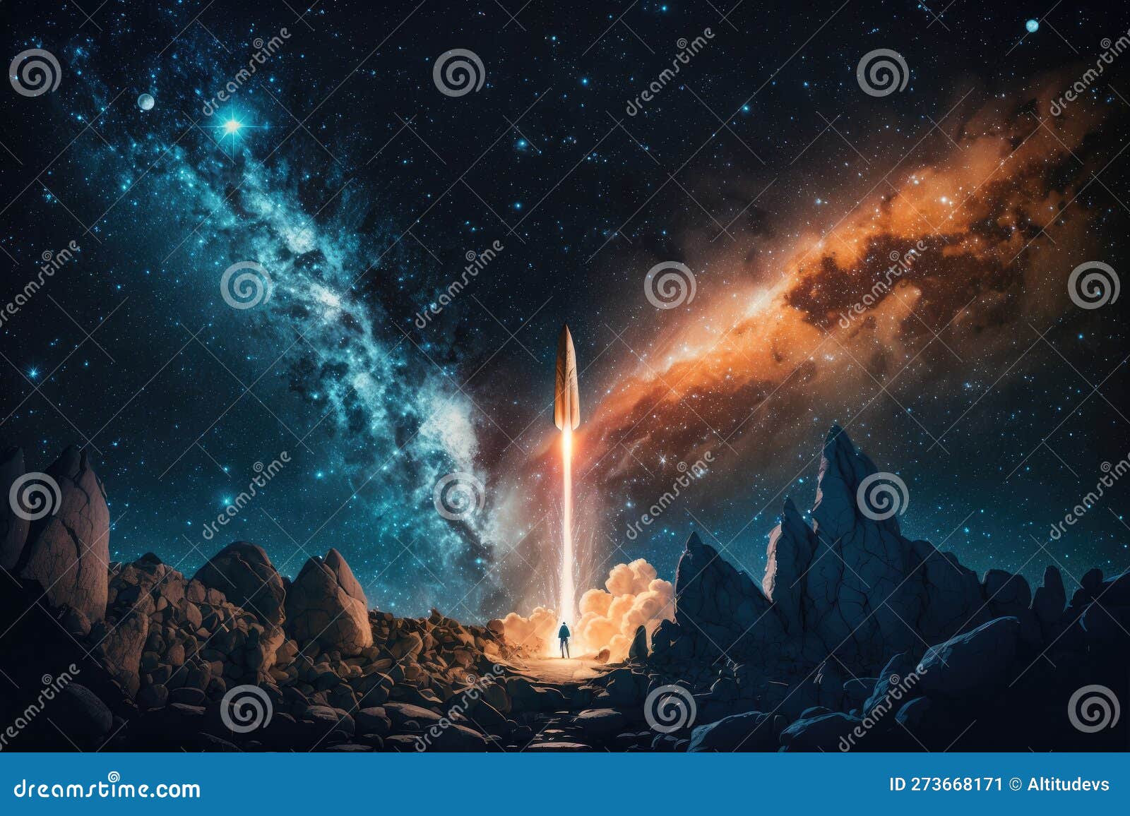 Rocket Launch, with View of the Stars and Galaxies in the Night Sky ...
