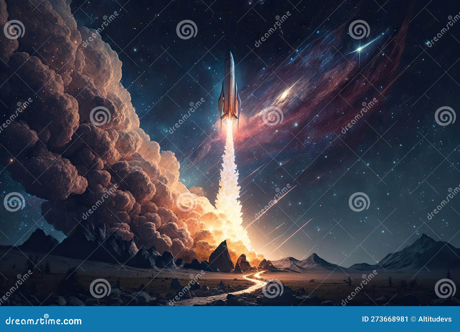 Rocket Launch, with View of the Stars and Galaxies in the Night Sky ...