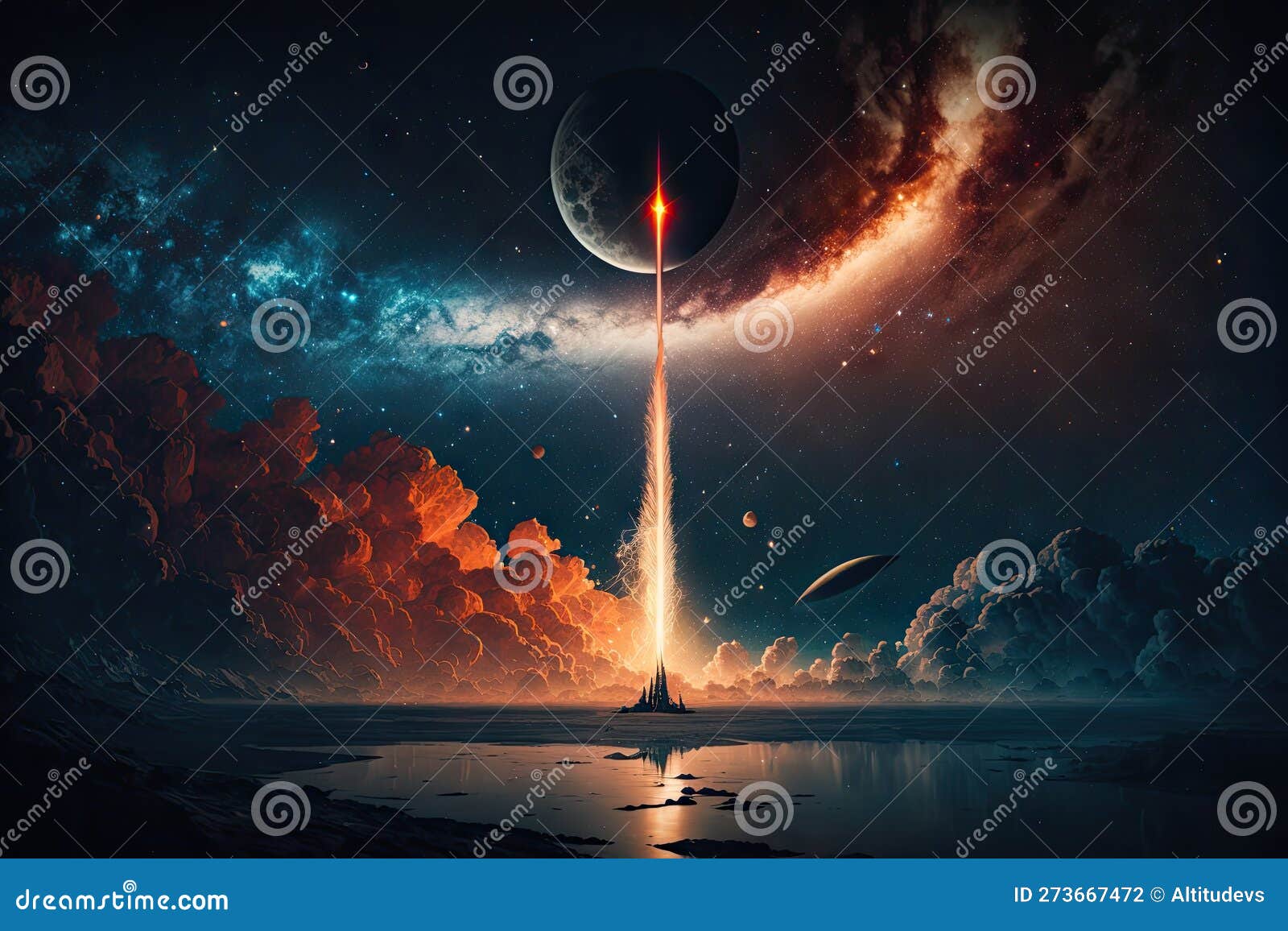 Rocket Launch, with View of the Stars and Planets in the Night Sky ...