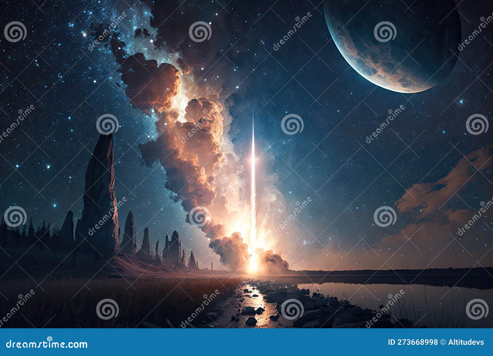 Rocket Launch, with View of the Stars and Planets in the Night Sky ...
