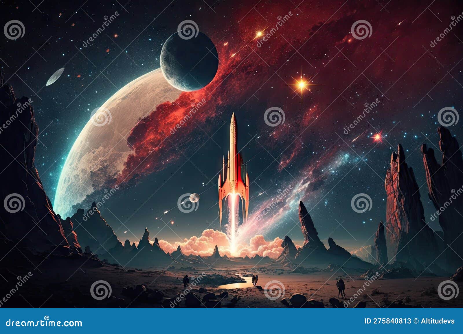 Rocket Launch with View of the Stars and Planets in the Night Sky Stock ...