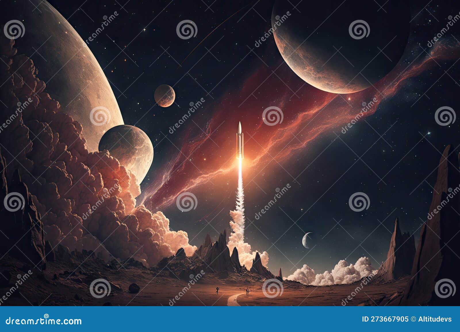 Rocket Launch, with View of the Stars and Planets in Outer Space Stock ...