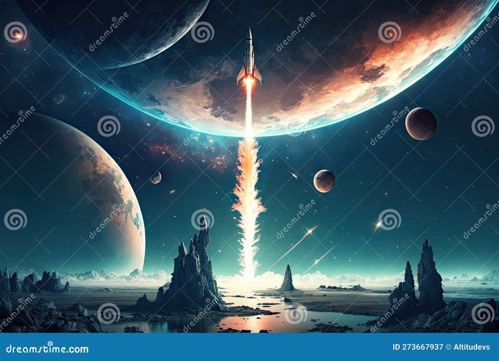 Rocket Launch, with View of the Stars and Planets in Outer Space Stock ...