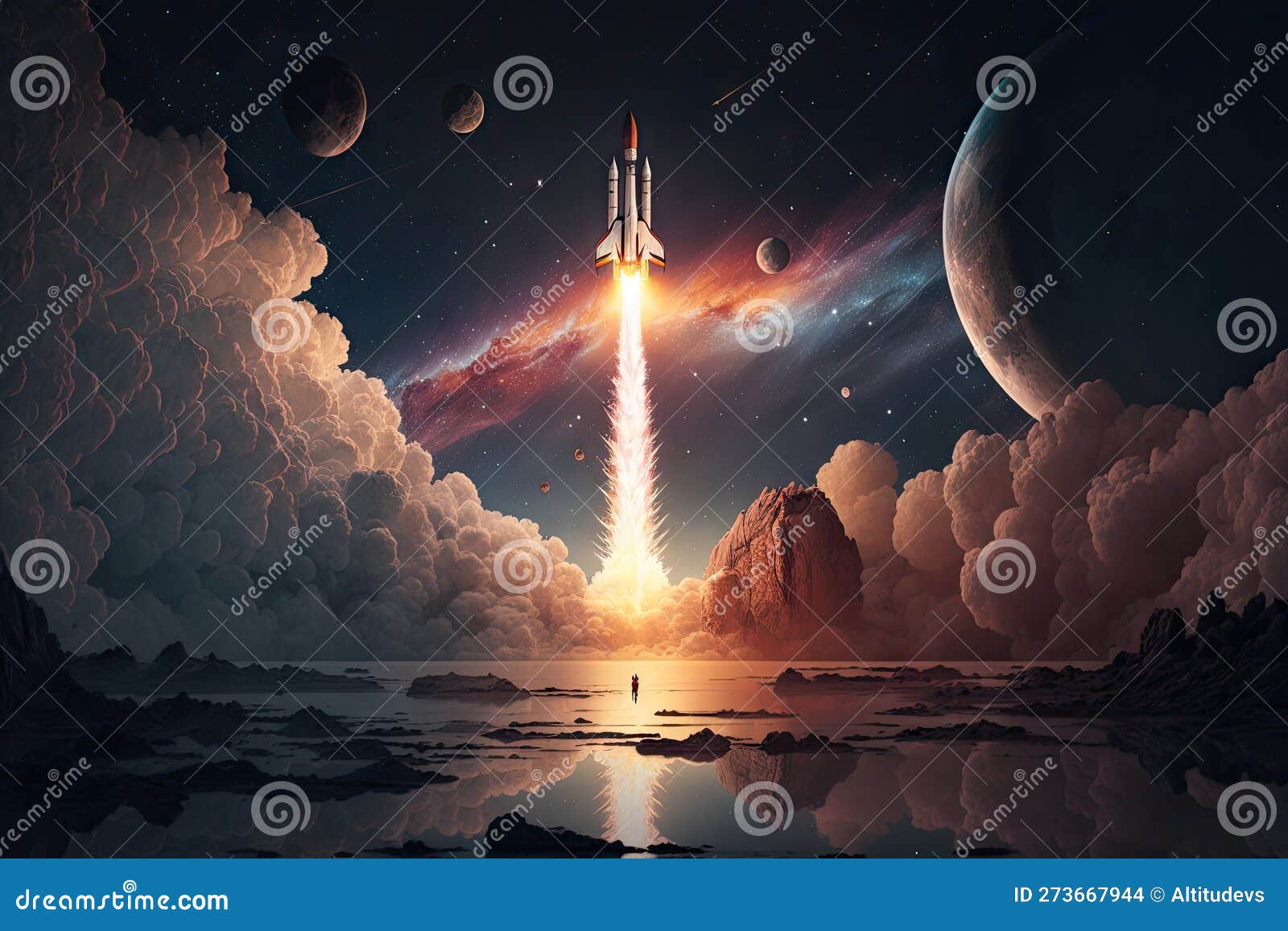 Rocket Launch, with View of the Stars and Planets in Outer Space Stock ...