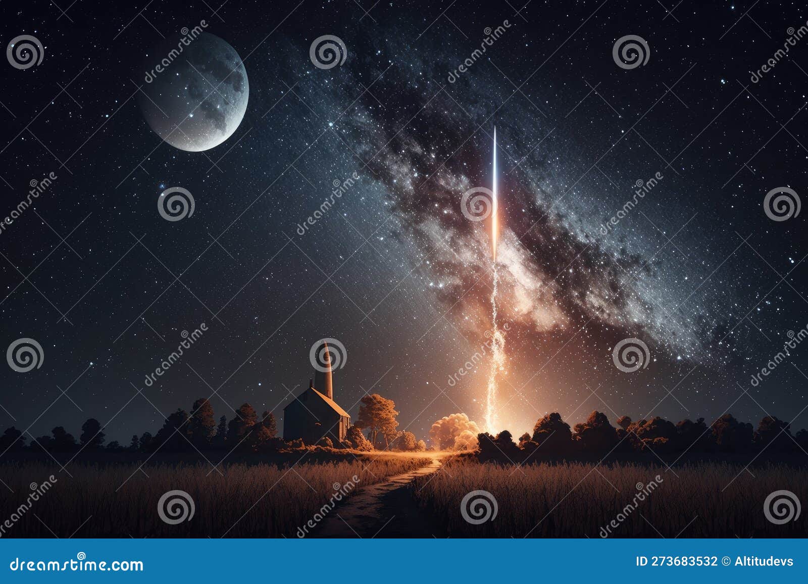 Rocket Launch, with View of the Stars and Rest of the Night Sky Visible ...