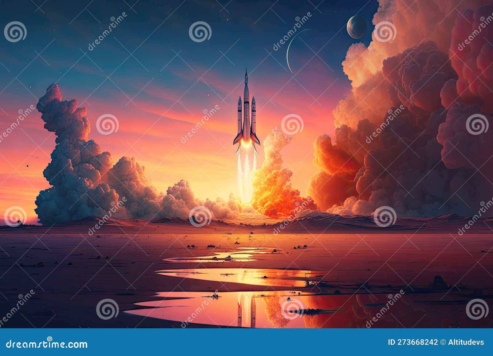 Rocket Launch, with View of the Sunset in the Background, Creating ...