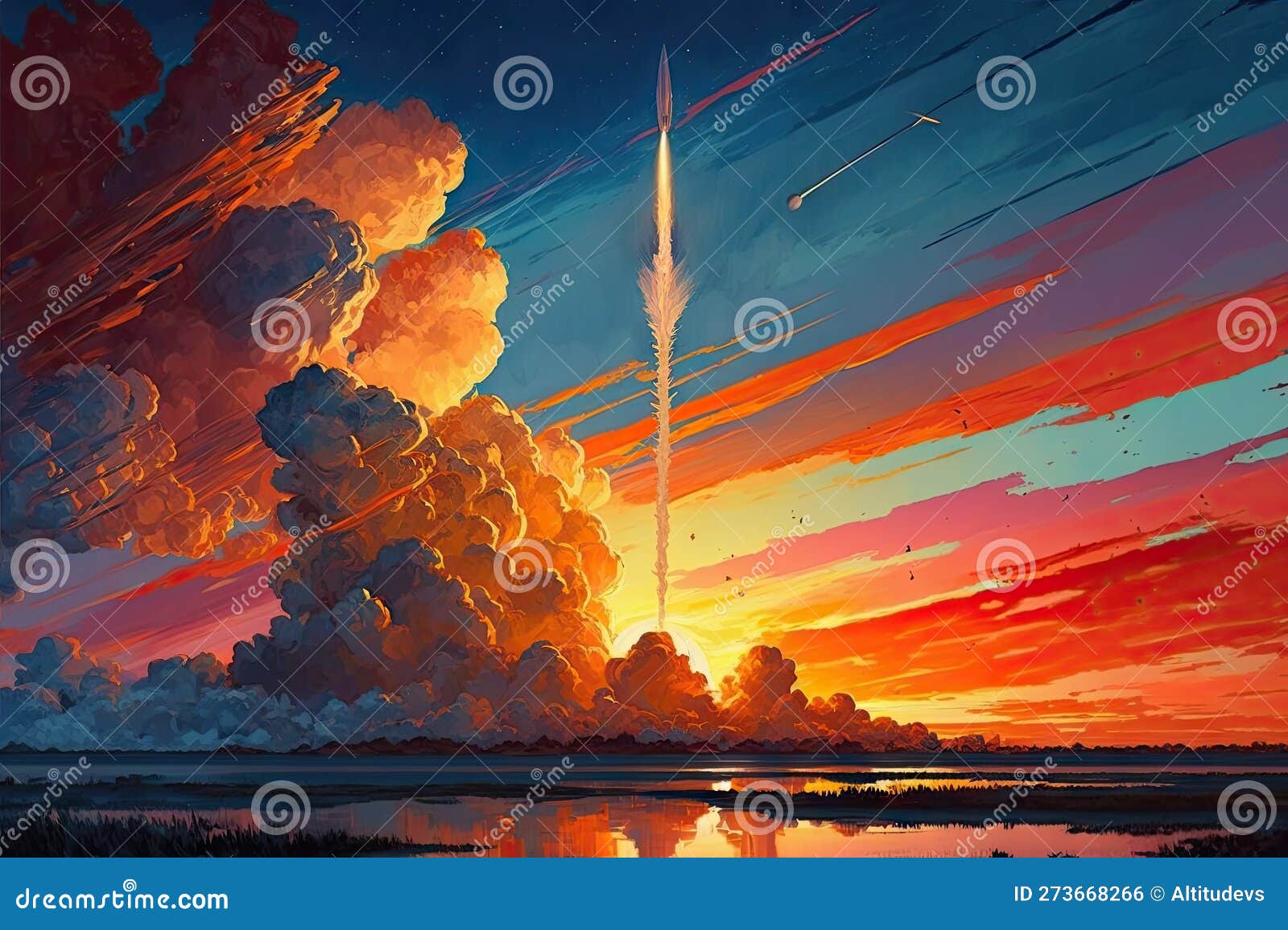 Rocket Launch, with View of the Sunset in the Background, Creating ...