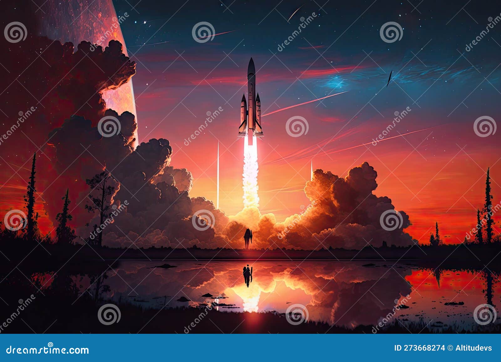Rocket Launch, with View of the Sunset in the Background, Creating ...