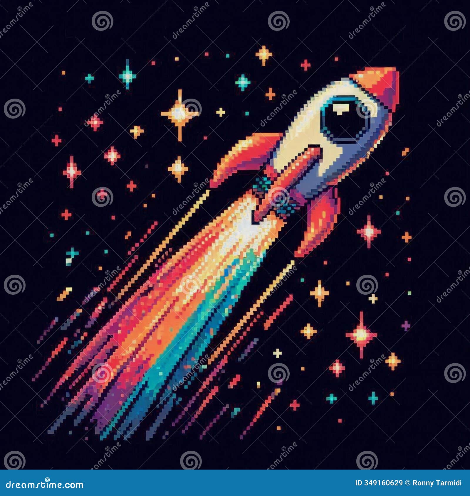 Rocket Launches on a Black Background, Pixel Art Stock Illustration ...