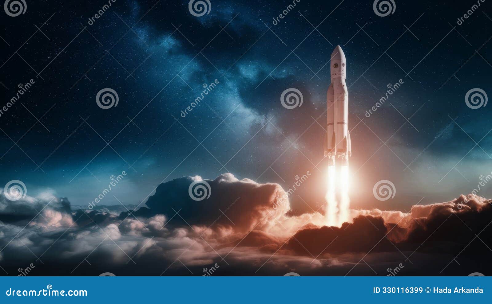 Rocket Launches through Clouds into Starry Outer Space Stock ...