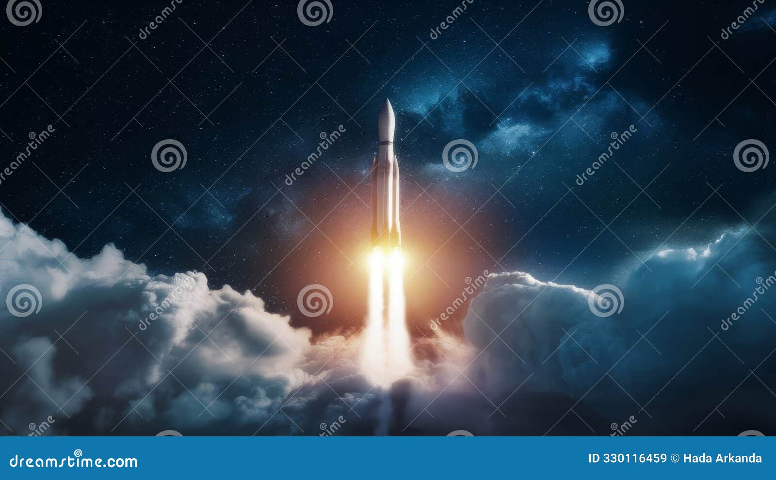 Rocket Launches through Clouds into Starry Outer Space Stock ...