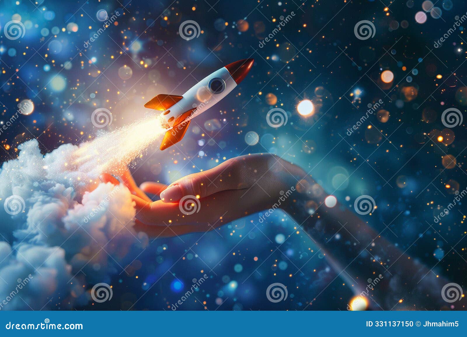 A Rocket Launches from a Hand in the Sky Stock Illustration ...
