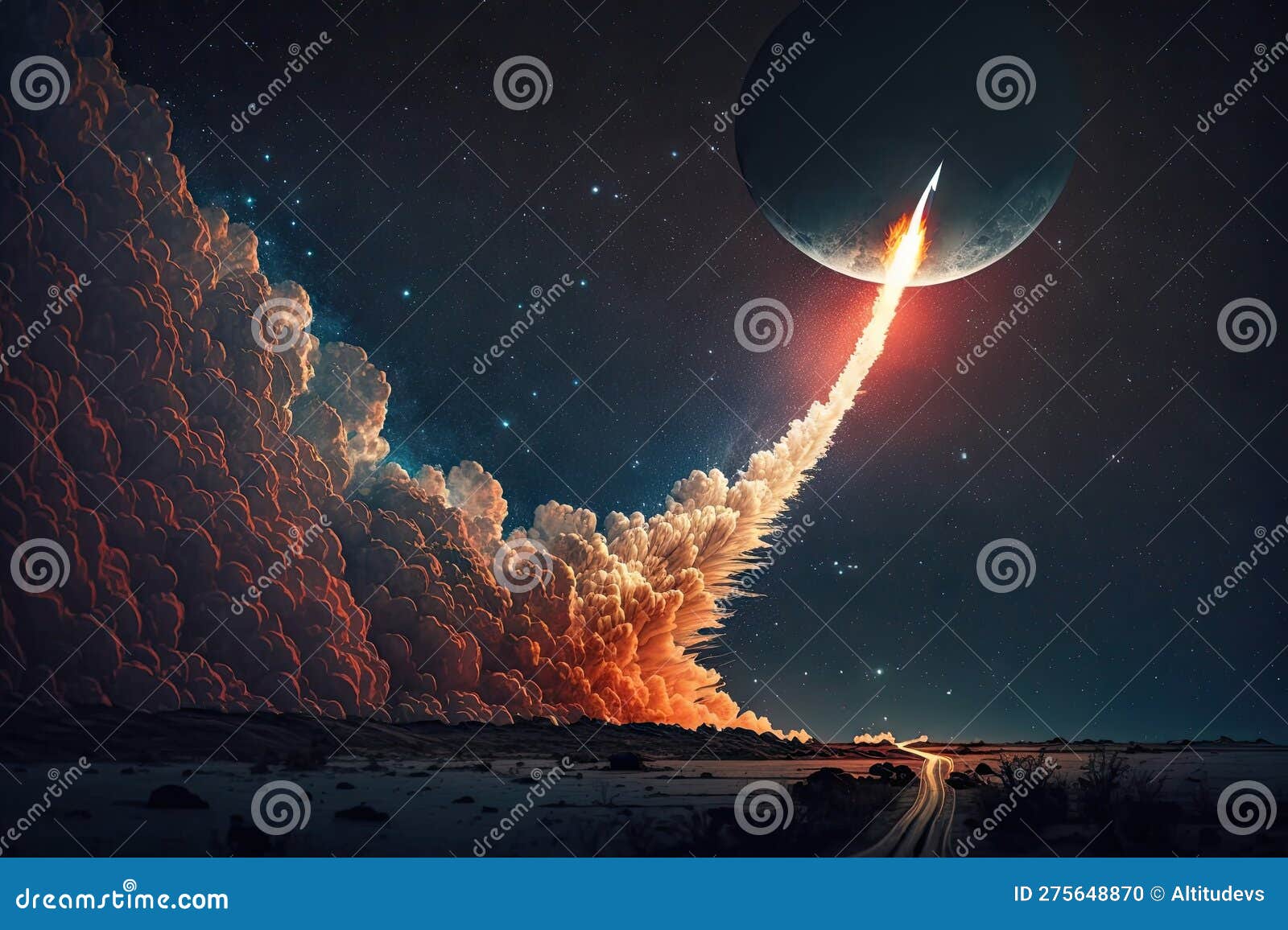 Rocket Launches into the Night Sky, with Stars and Moon in View Stock ...