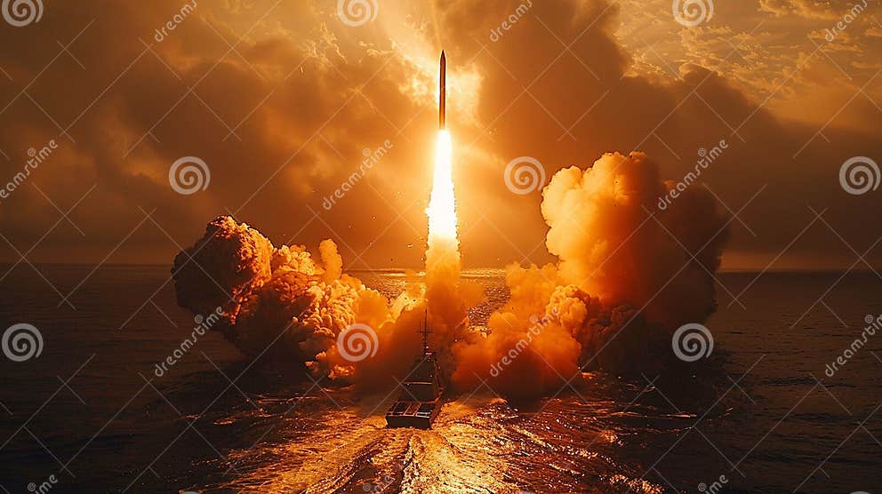 A Rocket Launches from a Ship Over the Ocean at Sunset, Creating a ...