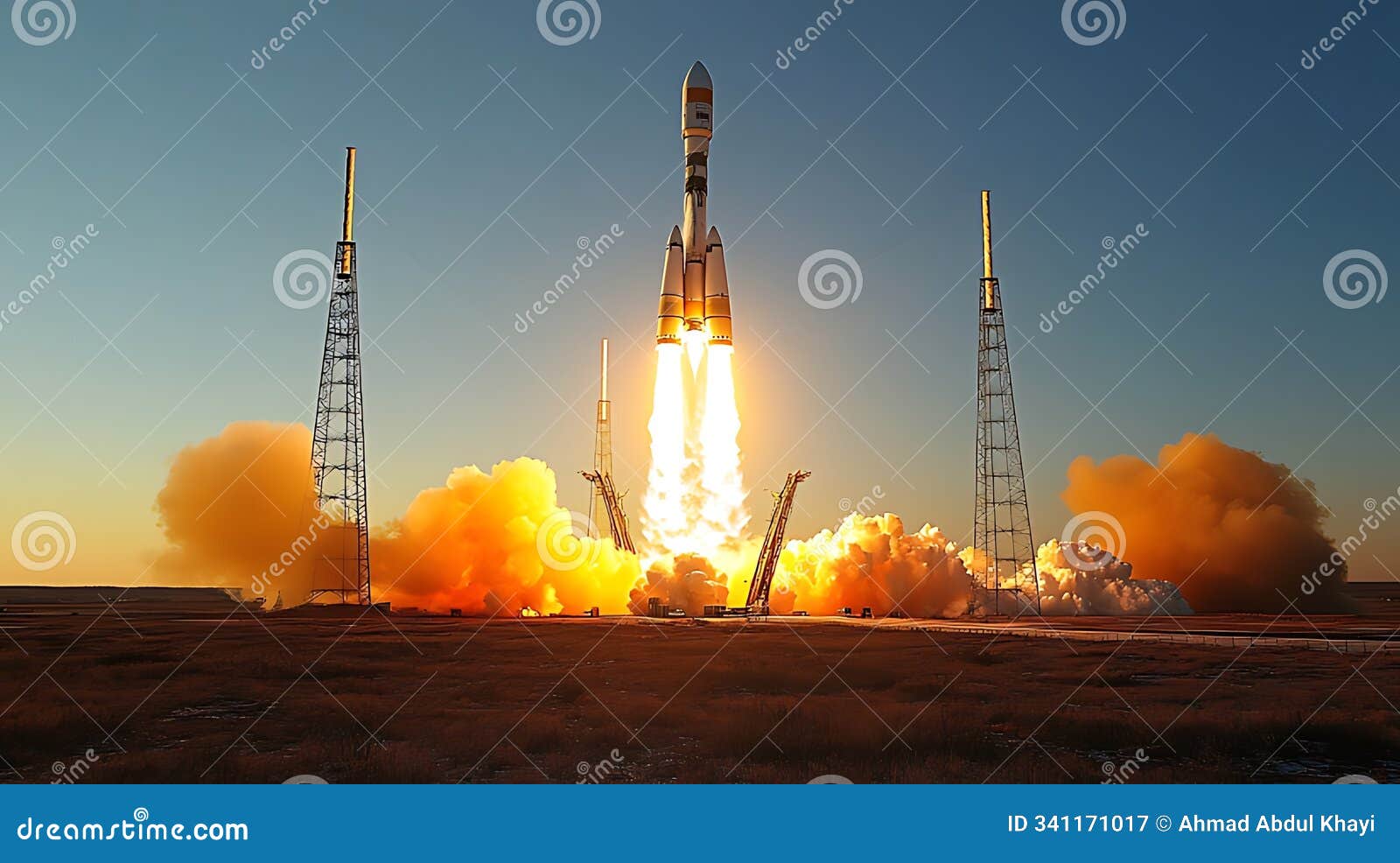 A Rocket Launches into the Sky at Sunset, Leaving a Trail of Smoke and ...