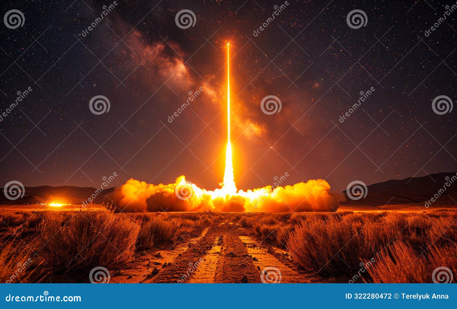 Rocket Launches into the Sky with Trail of Fire Stock Photo - Image of ...