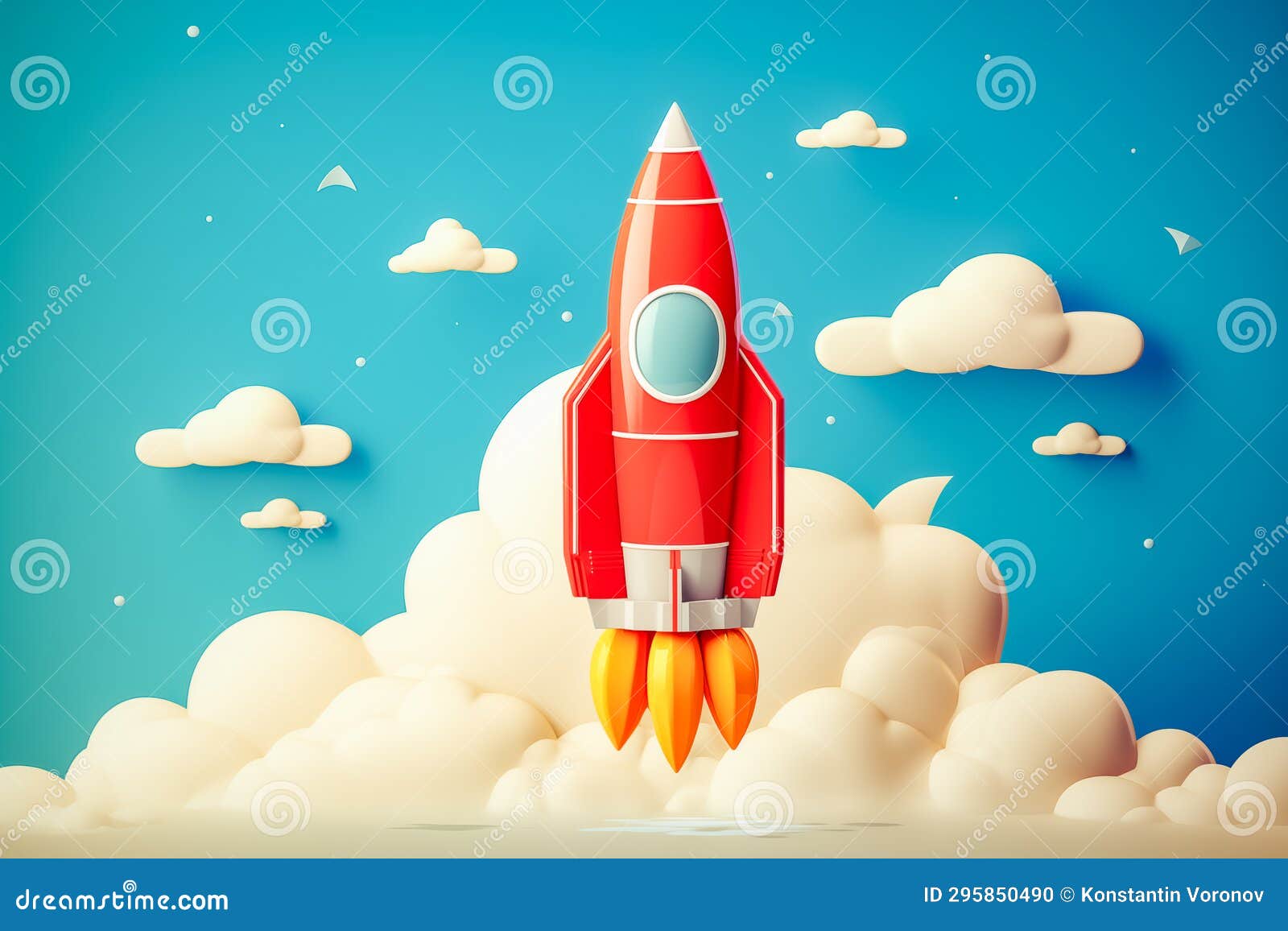 Rocket Launching Amid Clouds on Solid Blue Background, Symbolizing ... Rocket Launching Amid Clouds on Solid Blue Background, Symbolizing ...
