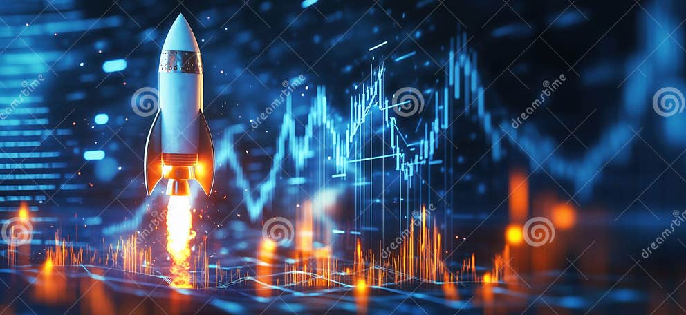 Rocket Launching Amidst Digital Data Visualization and Financial Graphs ...