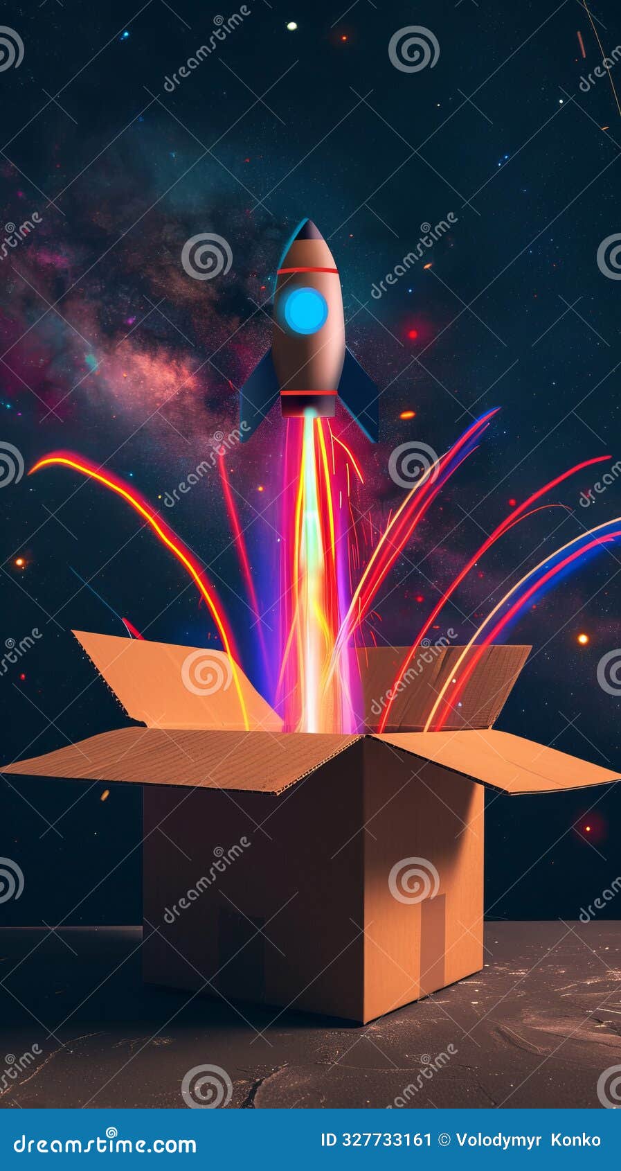 Rocket Launching from Cardboard Box in Outer Space, Creativity and ...