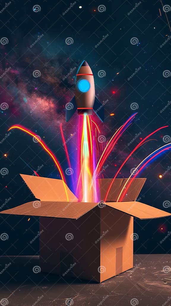 Rocket Launching from Cardboard Box in Outer Space, Creativity and ...