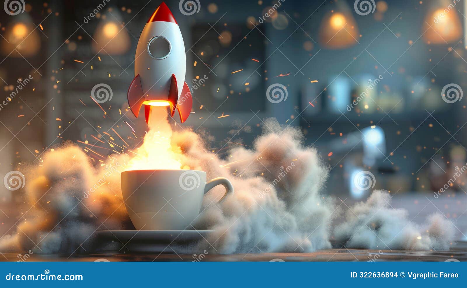 Rocket Launching from a Coffee Cup in a Cozy Cafe, Creative Concept ...