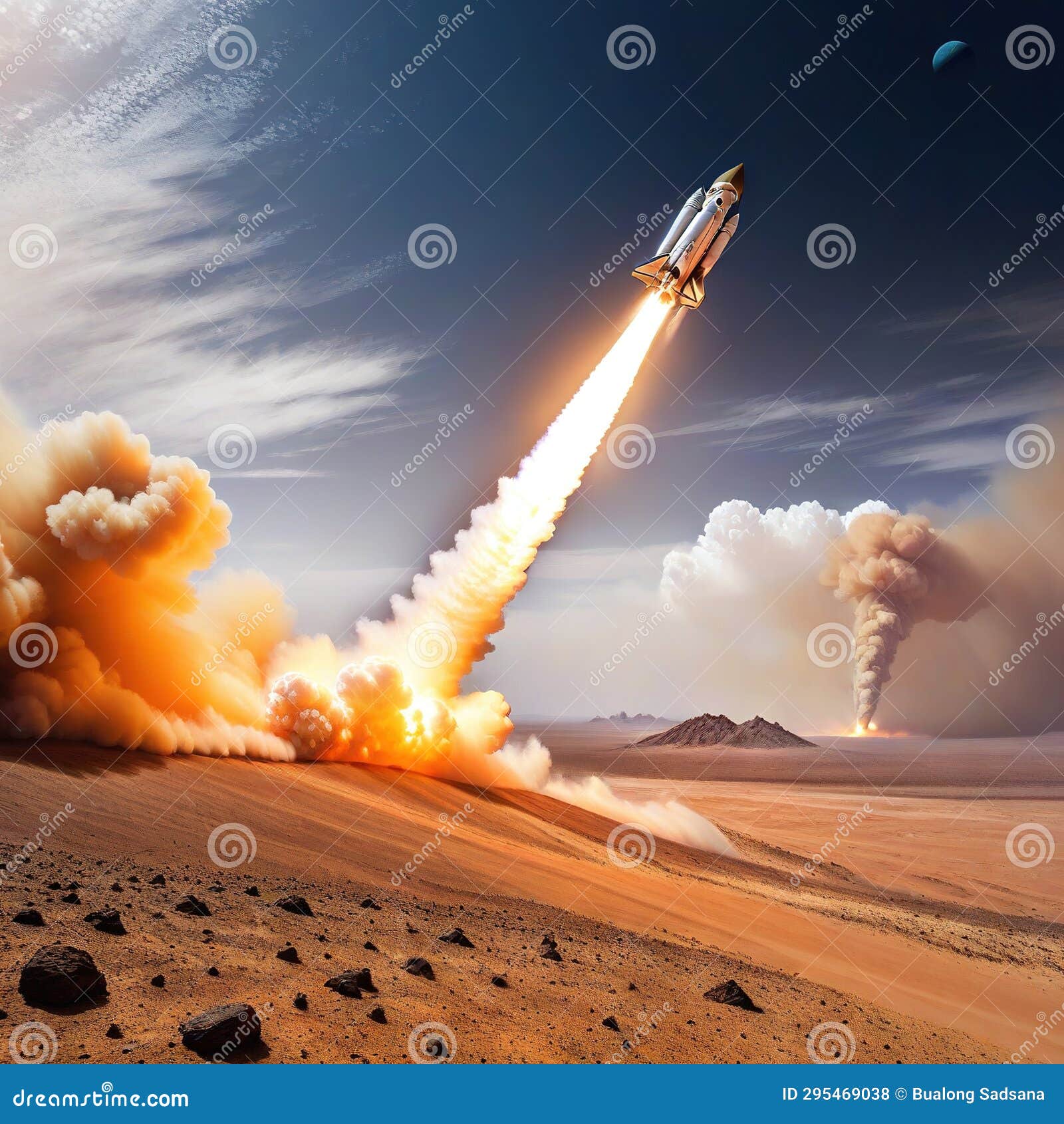 A Rocket Launching from a Desert with a Trail of Dust and Smoke Left in ...