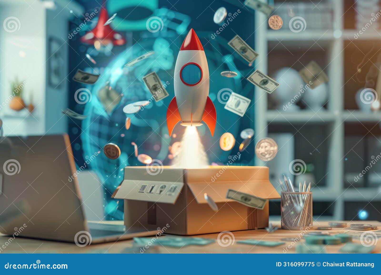 Rocket is Launching from the Desk, with Dollar Bills and Coins Flying ...