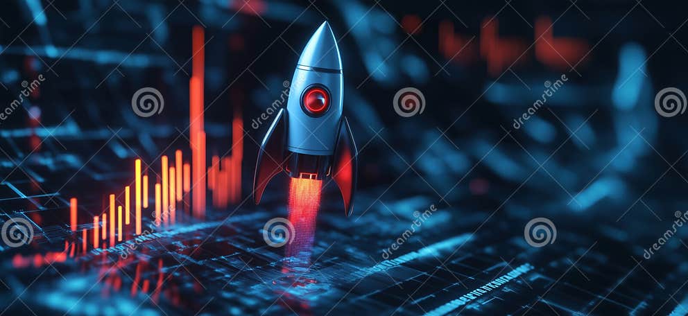 Rocket Launching with Digital Data Visualization Background, Futuristic ...