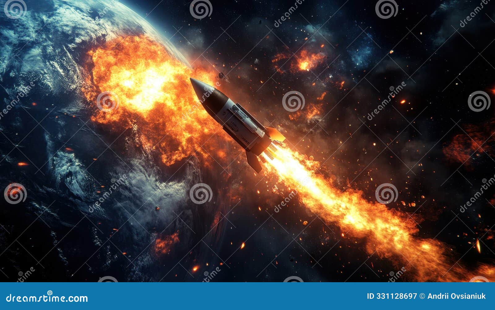 Rocket Launching from Earth Amidst Fiery Explosion and Cosmic Backdrop ...