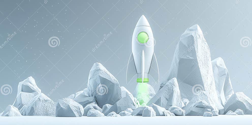 A Rocket Launching in Green and White with Clouds Made of 3D Polygons ...