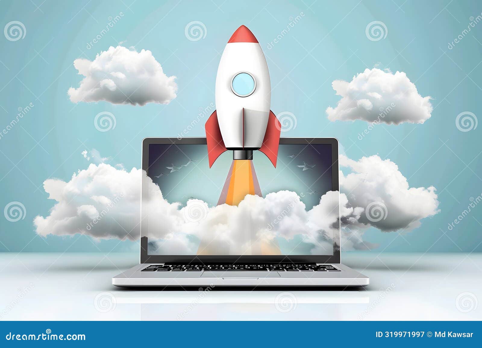 Rocket Launching from Laptop Screen on Light Blue Background Stock ...