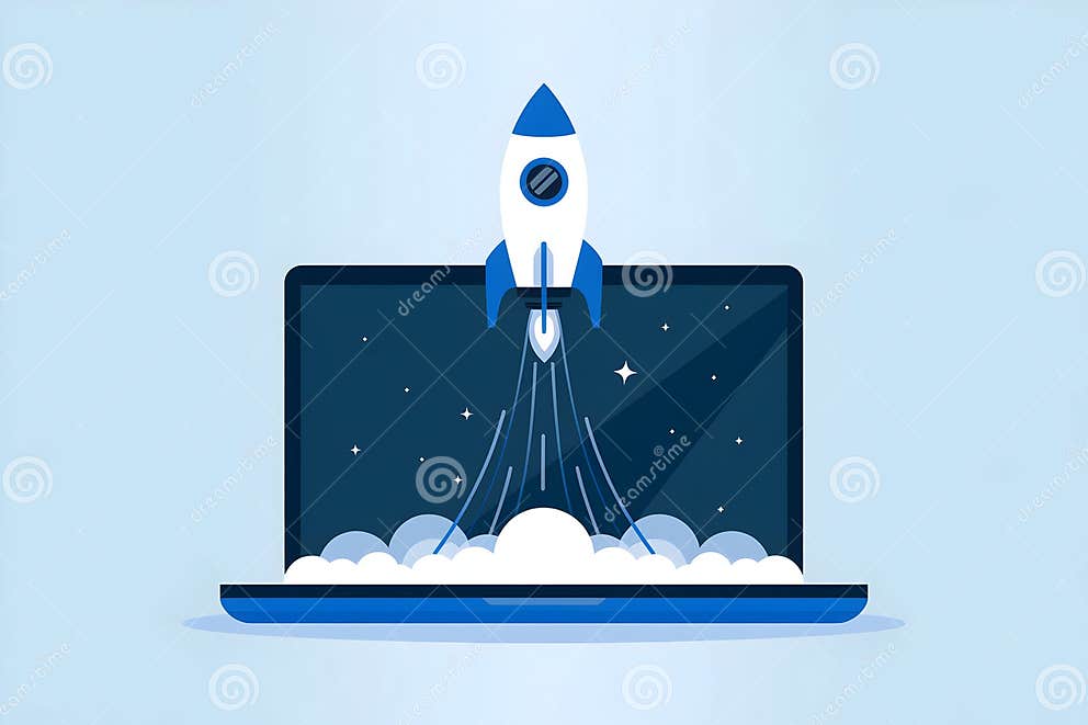 Rocket Launching from Laptop Symbolizes Digital Innovation and Forward ...