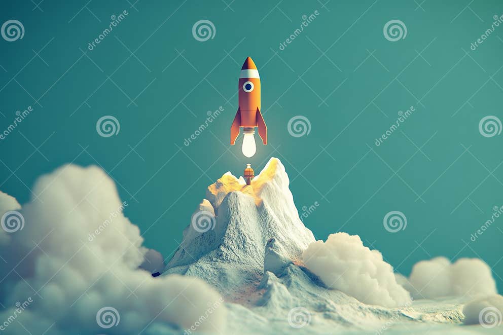 Rocket Launching from Mountain Peak with Light Bulb Glow Stock ...