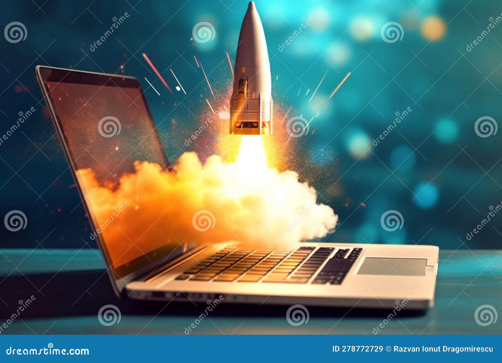 Rocket Launching Out of a Laptop, Symbolizing the Power of Digital ...